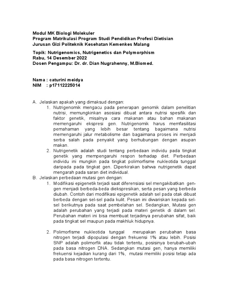 Nutrigenomik dan Polimorfisme Genetik | PDF | Kesehatan Holistik