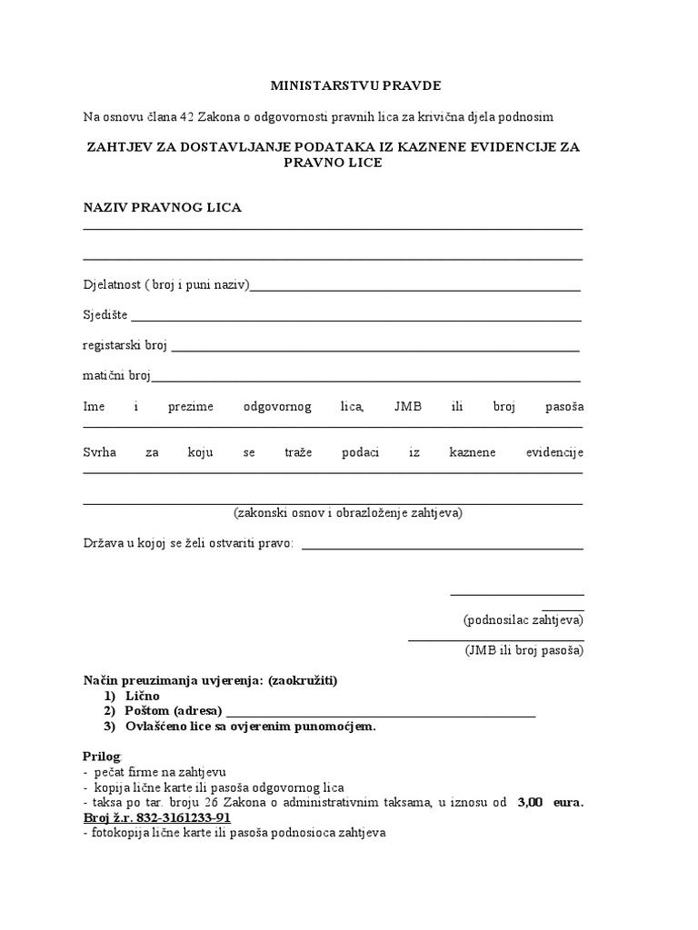 Zahtjev Za Dostavljanje Podataka Iz Kaznene Evidencije Pravna Lica | PDF