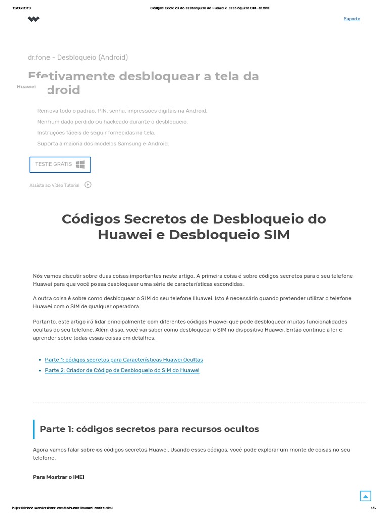 Códigos Secretos Do Desbloqueio Do Huawei e Desbloqueio SIM - DR - Fone | PDF | Android (sistema ...