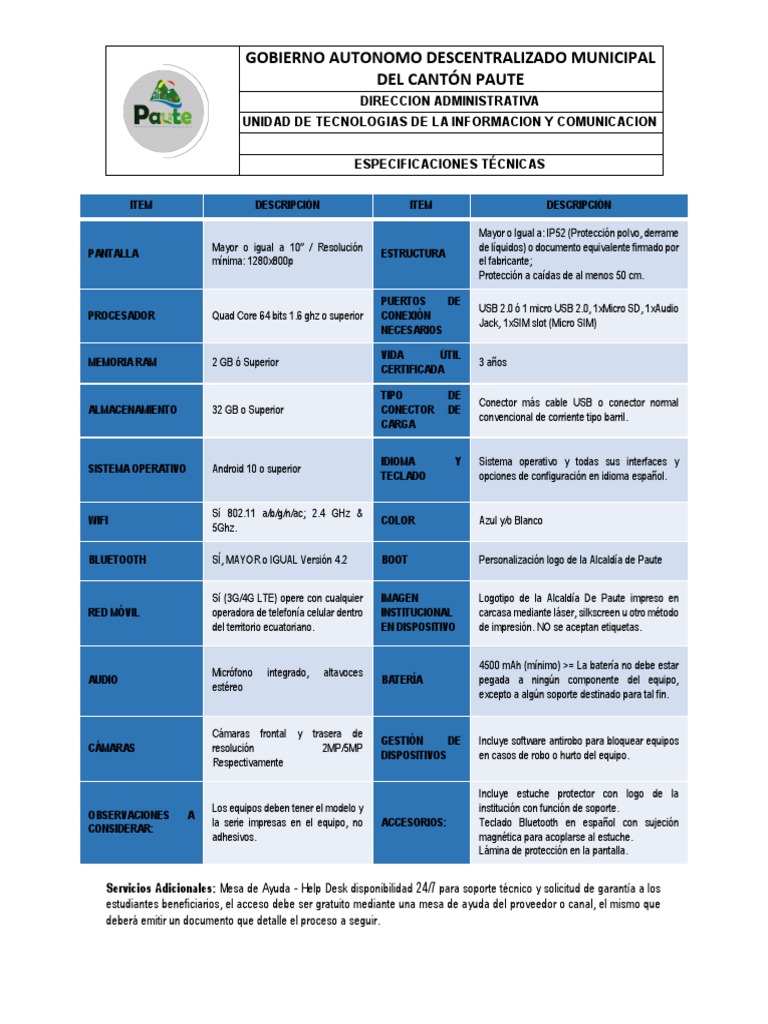 Especificaciones de Tablets para GAD Paute | PDF | USB | Bluetooth