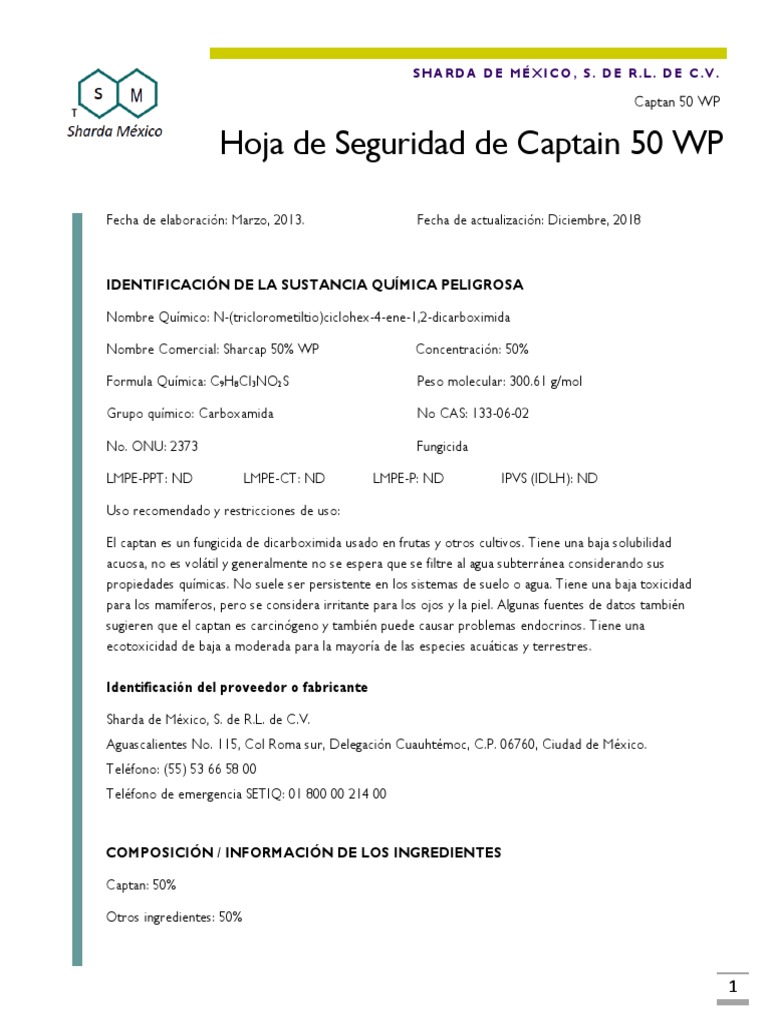 Ficha Técnica de Captan 50 WP | PDF | Agua | Pesticida