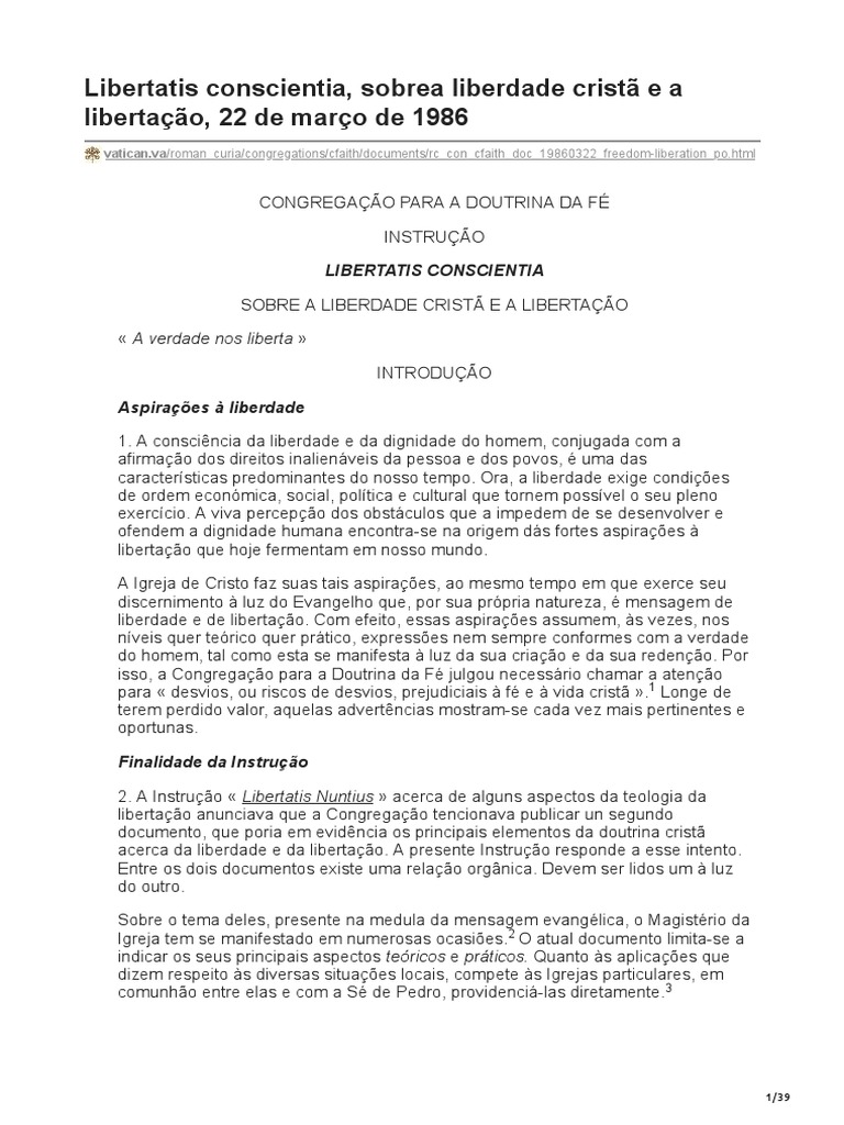.1986. Libertatis Conscientia, Sobrea Liberdade Cristã e A Libertação ...