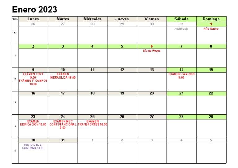 Calendario Enero 2023 Espana Horizontal | PDF