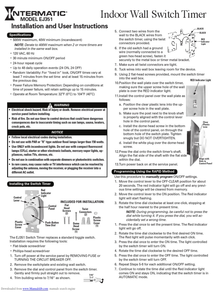Intermatic EJ351 Light Switch Timer | PDF | Compact Fluorescent Lamp ...
