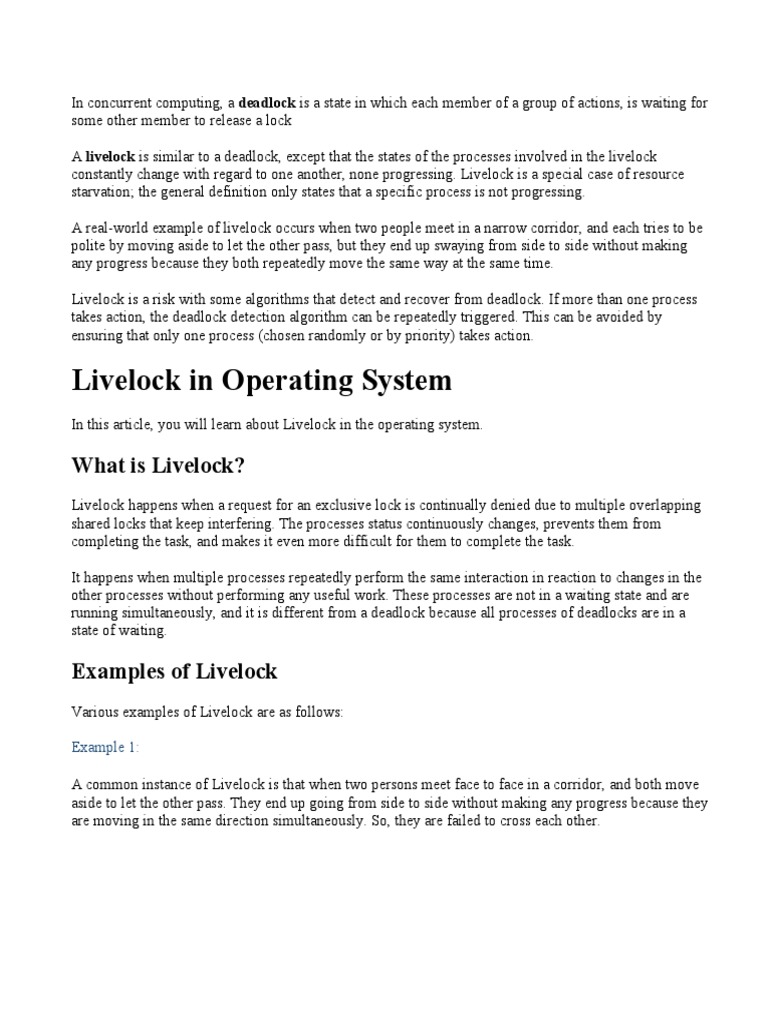 Deadlock, Livelock and Starvation | PDF | Computing | Computer Science Deadlock, Livelock and Starvation | PDF | Computing | Computer Science