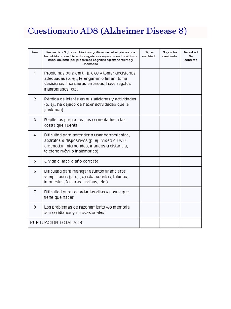 Cuestionario AD8 (Alzheimer Disease 8) | PDF