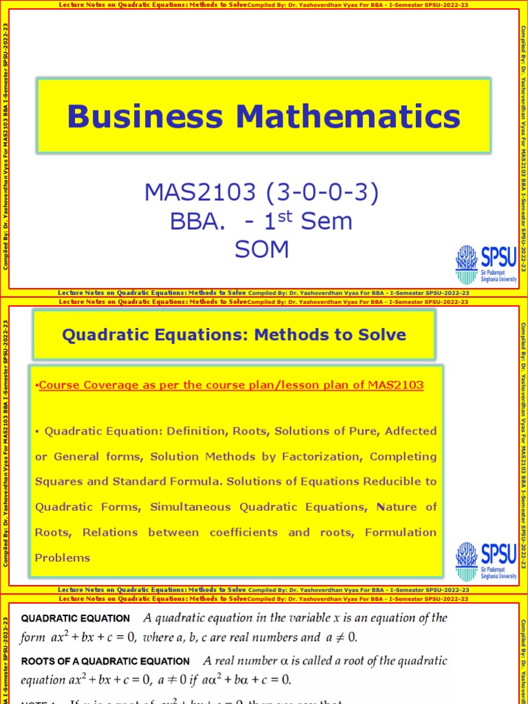 Quadratic Equations Methods To Solve BBA-I Sem 2022 Batch | PDF ...