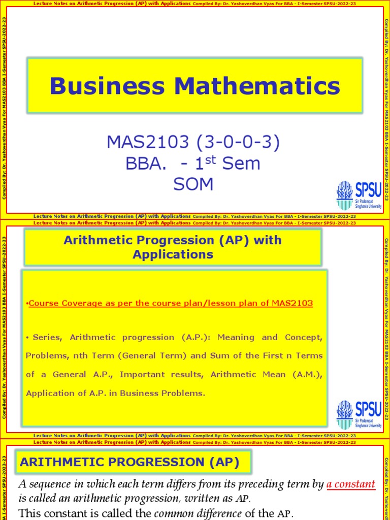Arithmetic Progression (AP) With Applications BBA-I Sem 2022 Batch ...