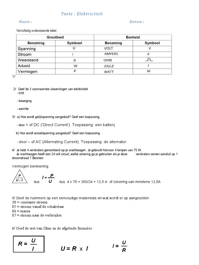 Toets Elektriciteit 2 Marc Dewitte | PDF