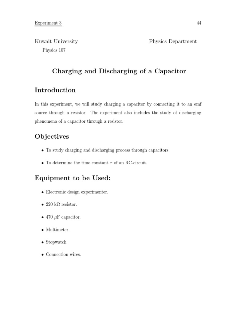 Capacitor Charging and Discharging Experiment | PDF | Capacitor ...