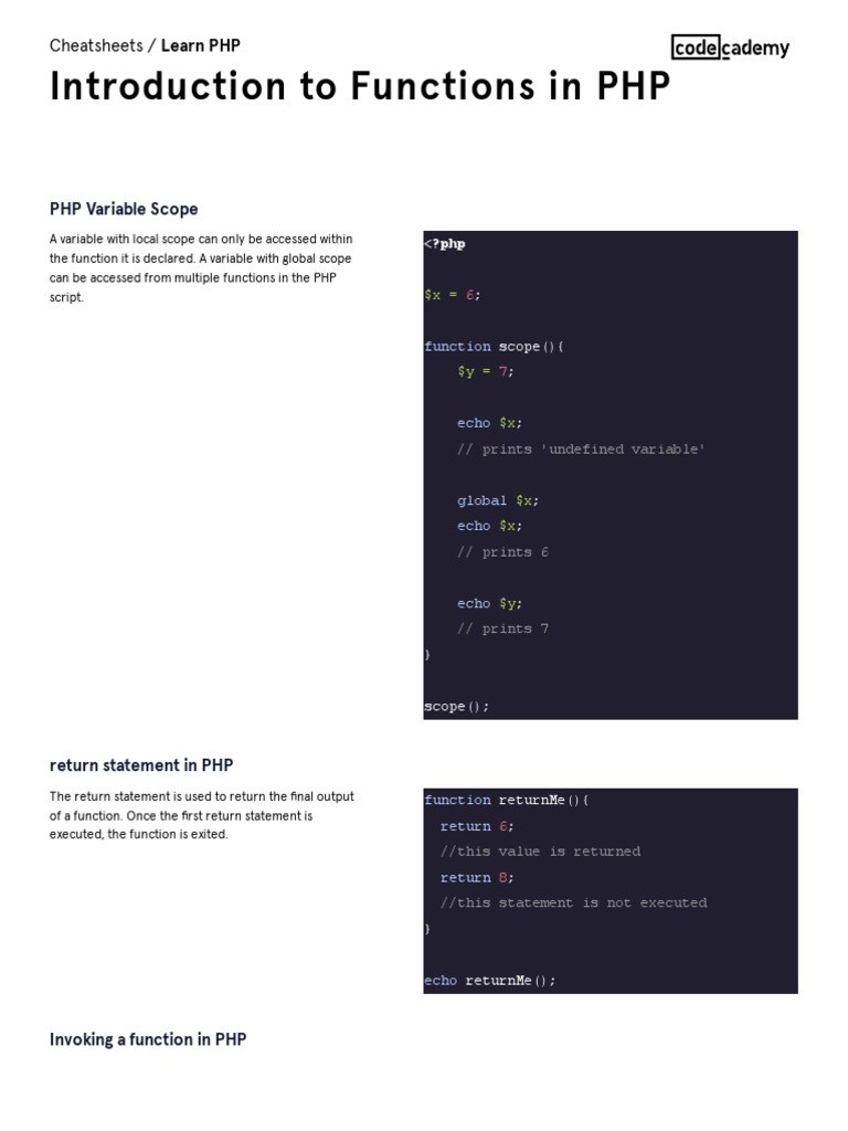 Learn PHP - Introduction To Functions in PHP Cheatsheet - Codecademy ...