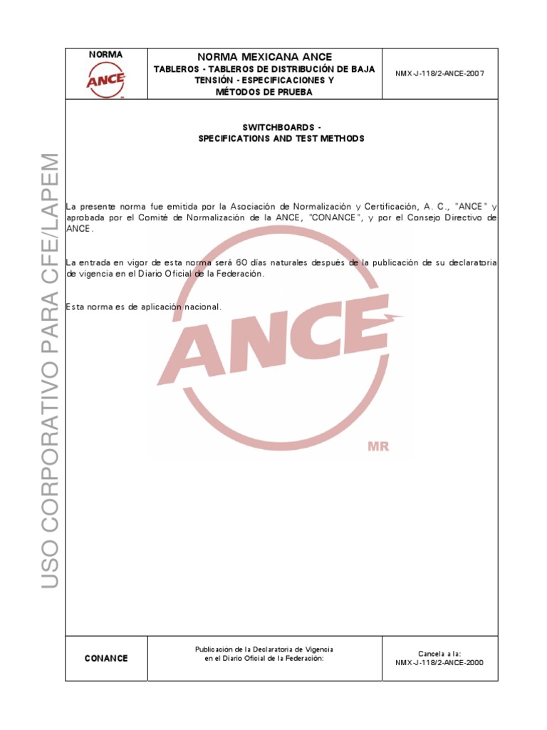 NMX J 118 2 Ance 2007 | PDF | Corriente eléctrica | Fusible (Eléctrico)