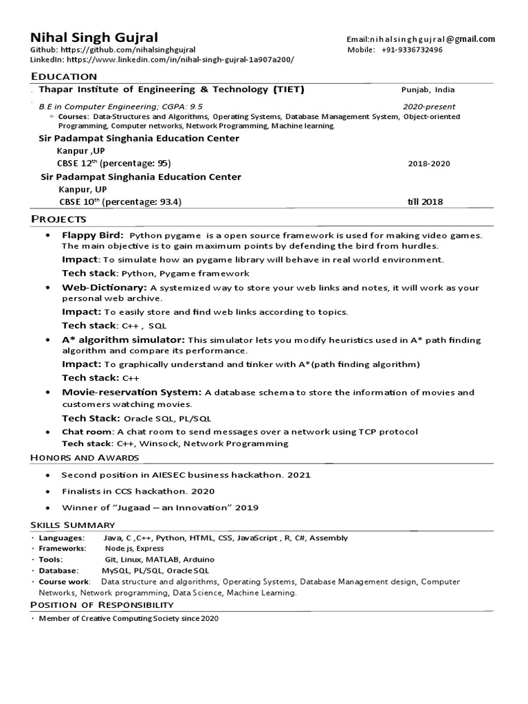 New Resume Nihal Singh Gujral | PDF | Databases | Computer Programming