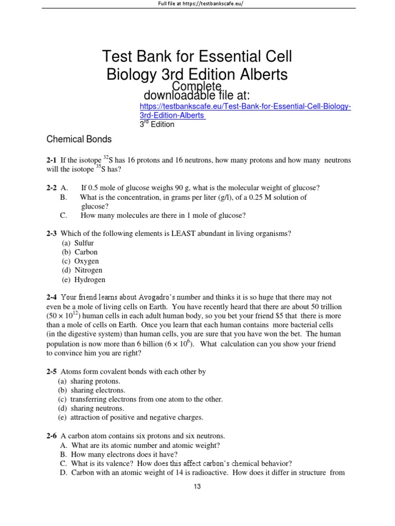 CH 2 Test Bank For Essential Cell Biology 3rd Edition Alberts | PDF ...