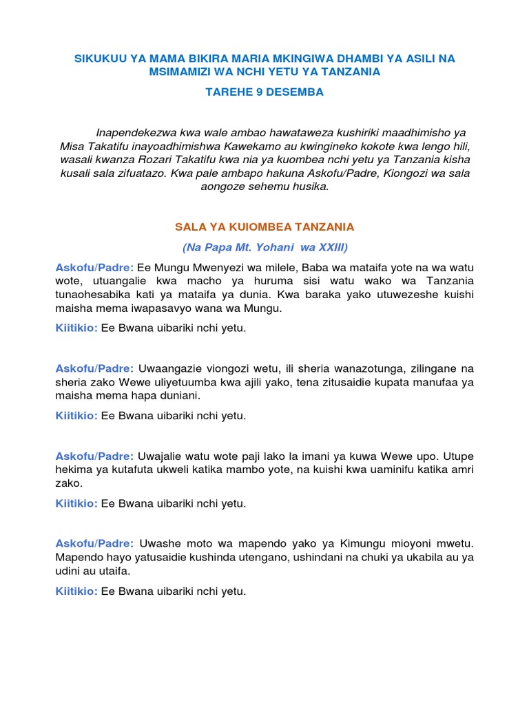 Sala - Sikukuu Ya Mama Bikira Maria Mkingiwa Dhambi Ya Asili Na Msimamizi Wa Nchi Yetu Ya | PDF