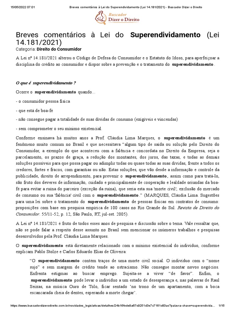 Breves Comentários À Lei Do Superendividamento Lei 14 181 2021 Buscador | PDF | Crédito ...