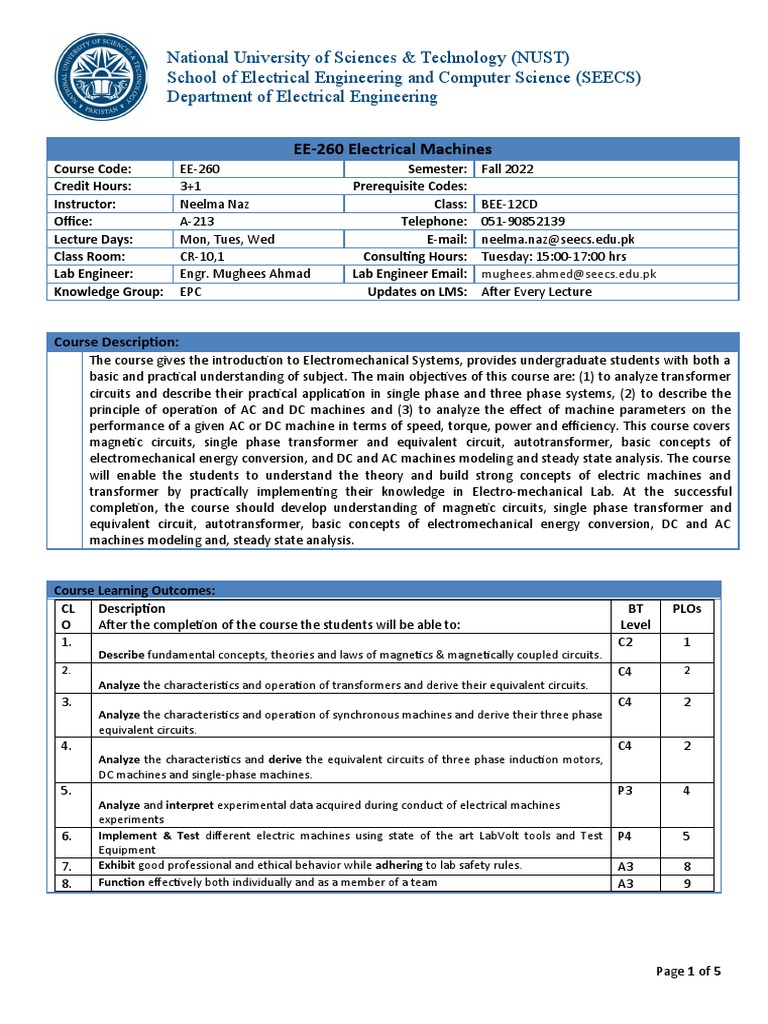 EE-260 Electrical Machines Course Outline | PDF | Electric Motor ...