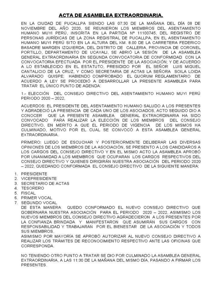 Acta de Asamblea Extraordinaria | PDF | Perú | Gobierno