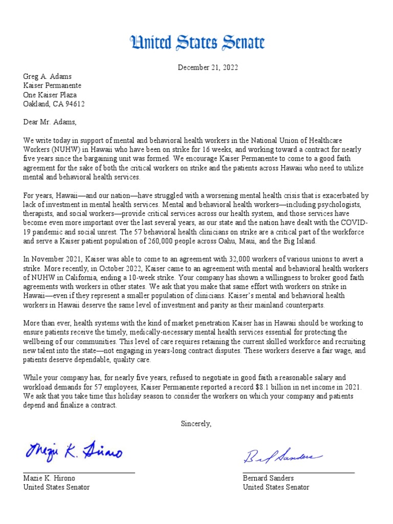 U.S. Senate Letter To Kaiser Permanente | PDF | Kaiser Permanente ...