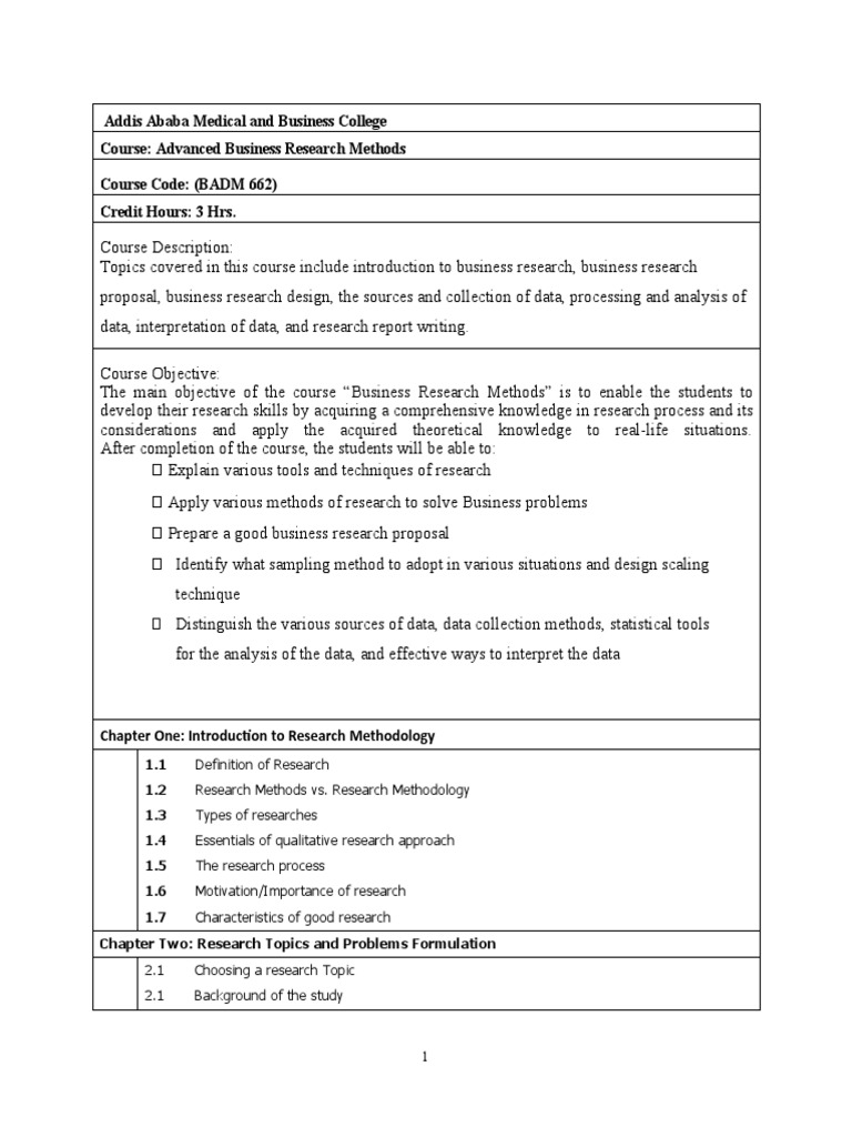 Course Outline - Business Research Methods | PDF | Thesis | Methodology