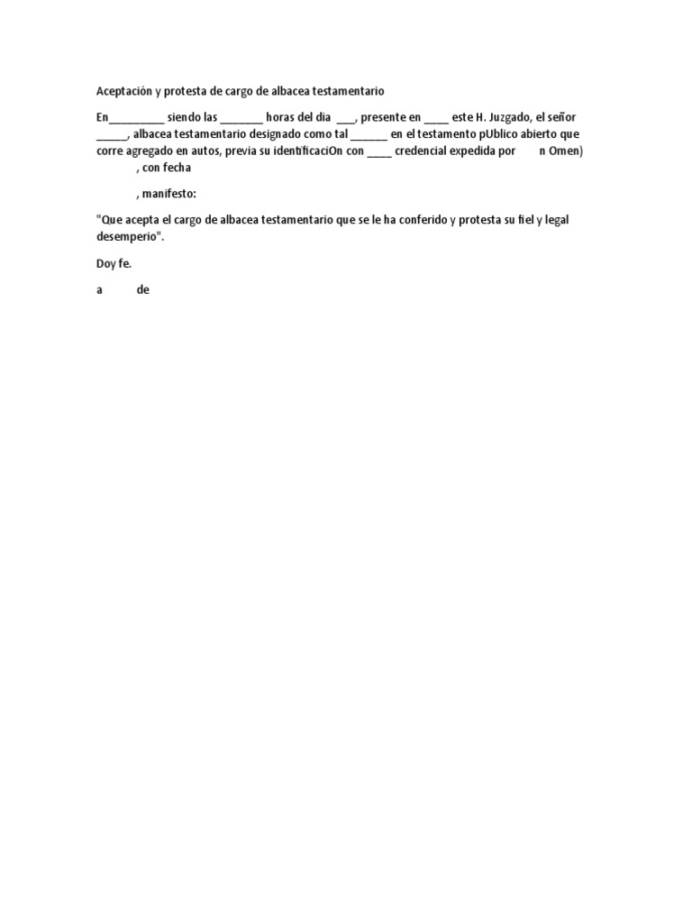 Aceptación del cargo de albacea testamentario | PDF
