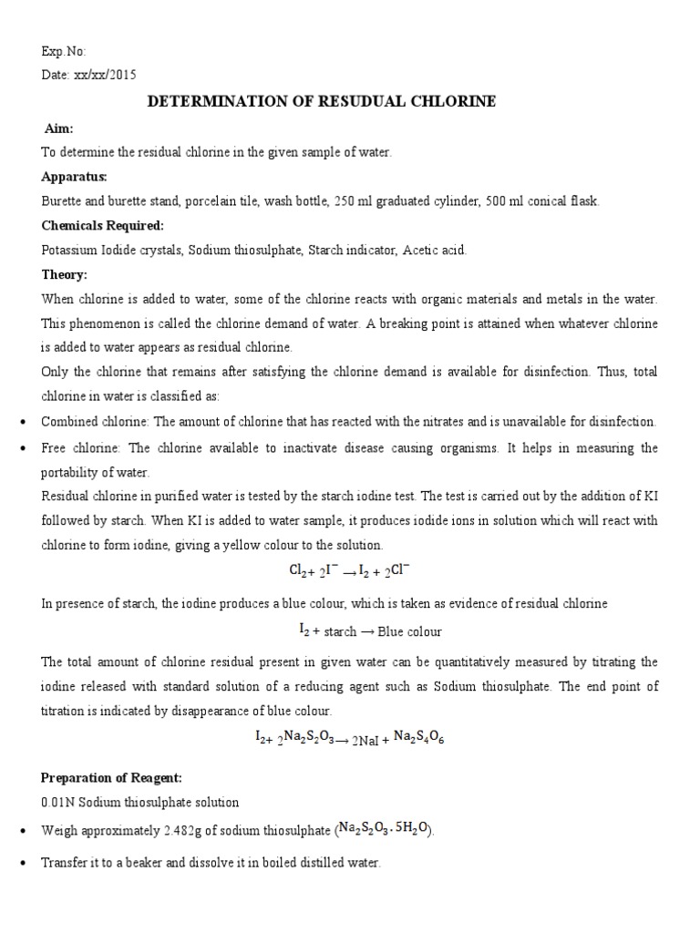 Residual Chlorine Titration in Water | PDF | Titration | Chemistry