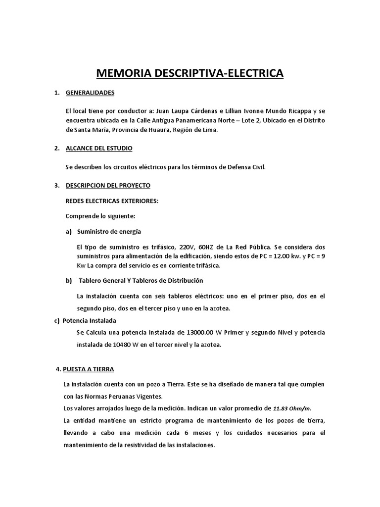 Memoria Descriptiva Electrica AVILA | PDF | Energia electrica | Corriente eléctrica