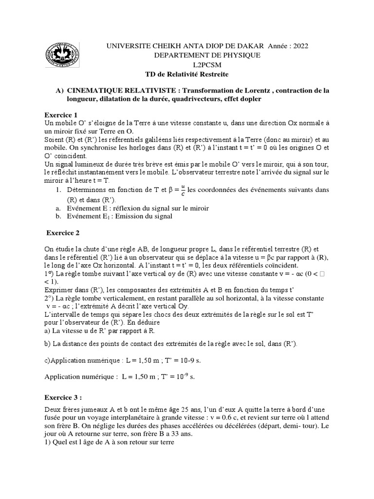 TD de Relativité Restreinte - Exercices Corrigés | PDF | Relativité ...