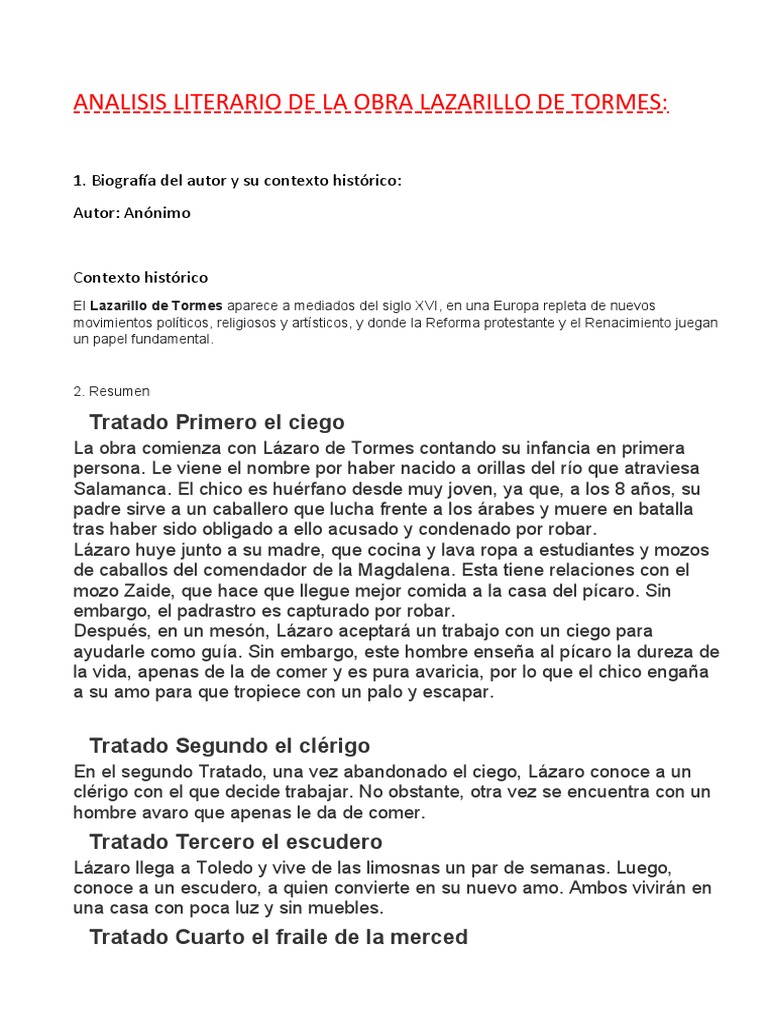 Analisis Literario de La Obra Lazarillo de Tormes | PDF