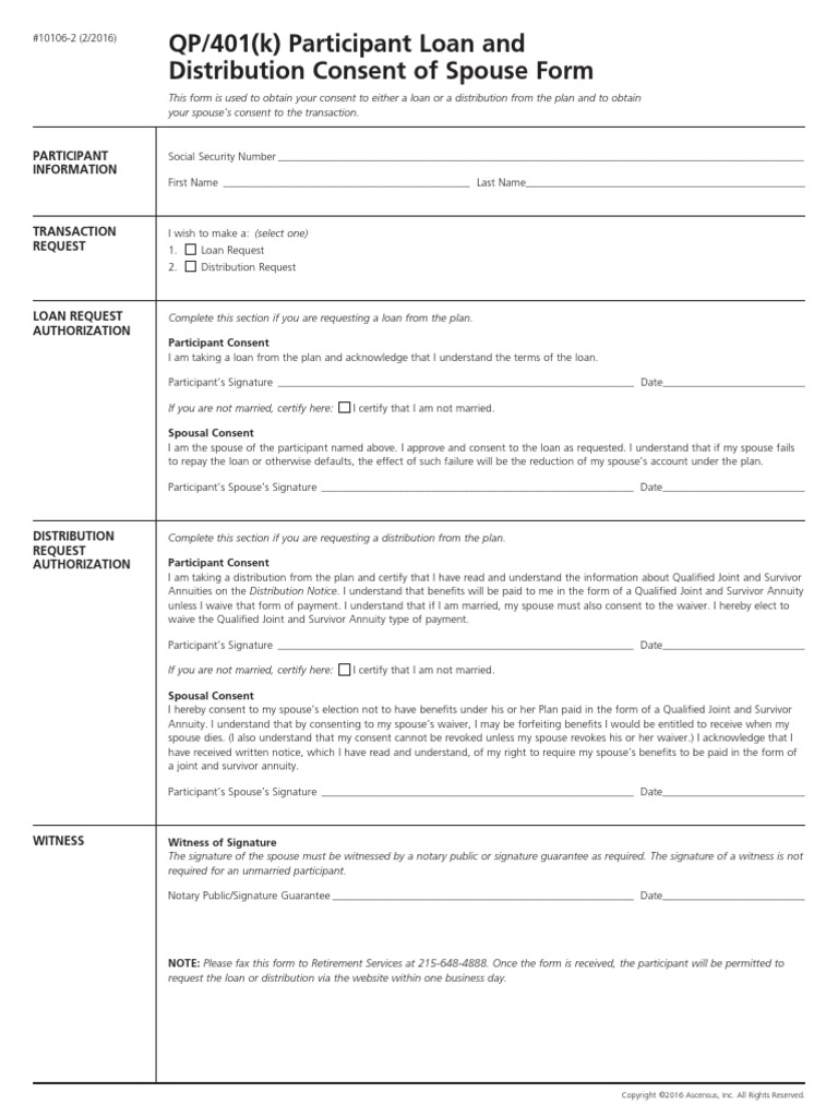QP/401 (K) Participant Loan and Distribution Consent of Spouse Form ...