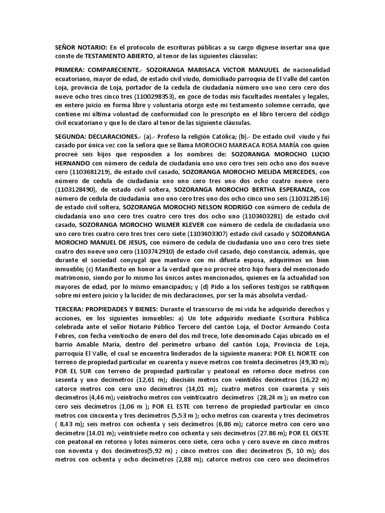 Modelo de Testamento | PDF | Voluntad y testamento | Derecho Civil ...