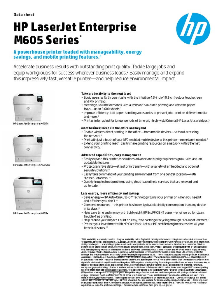HP-M605-Datasheet | PDF | Printer (Computing) | Microsoft Windows