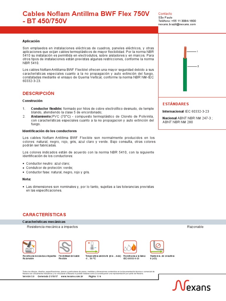 Cables Noflam Antillma BWF Flex 750V BT 450 750V | PDF | Materiales ...