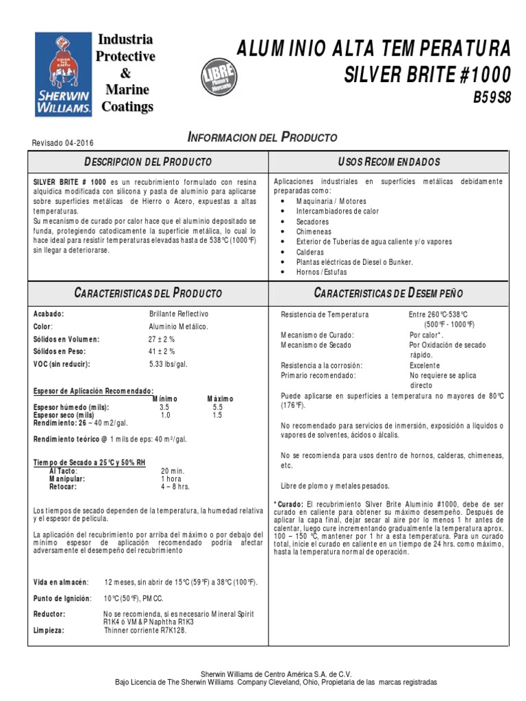 Aluminio Alta Temperatura Silver Brite #1000F | PDF | Aluminio | Química