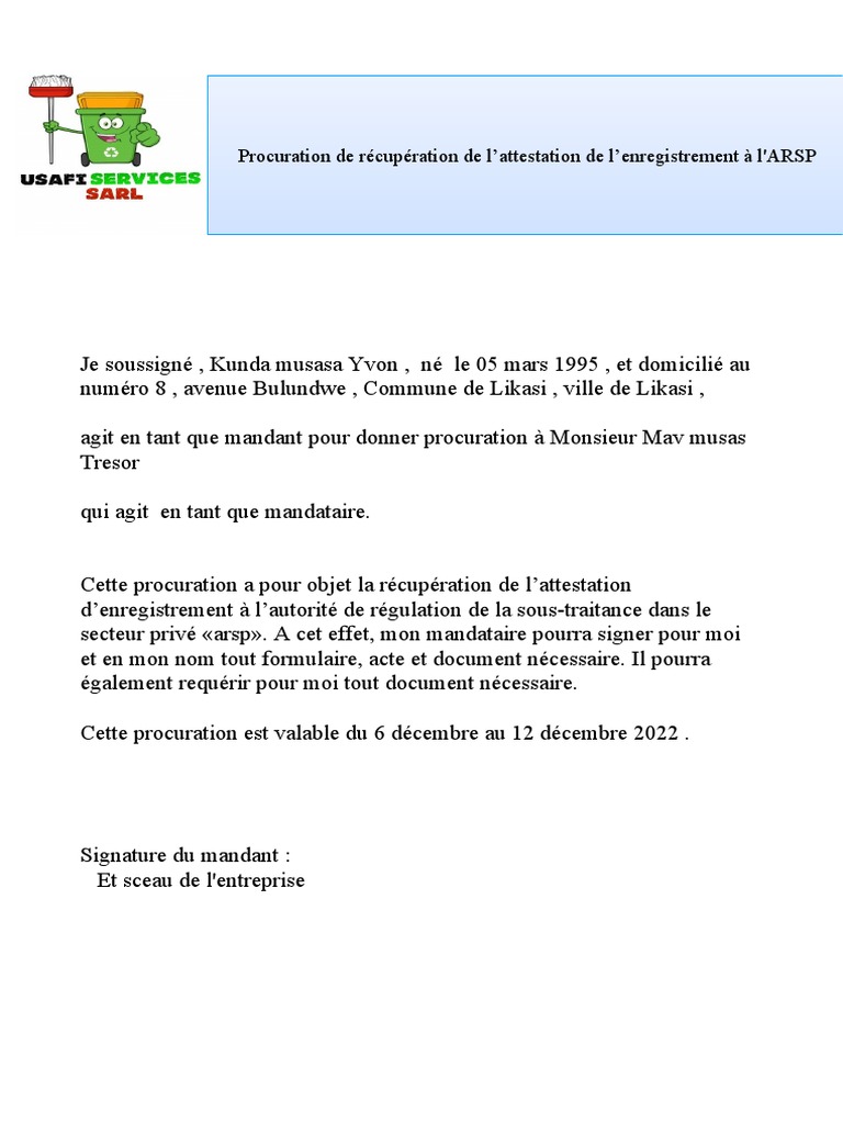 Modèle de procuration pour attestation ARSP | PDF | Droit