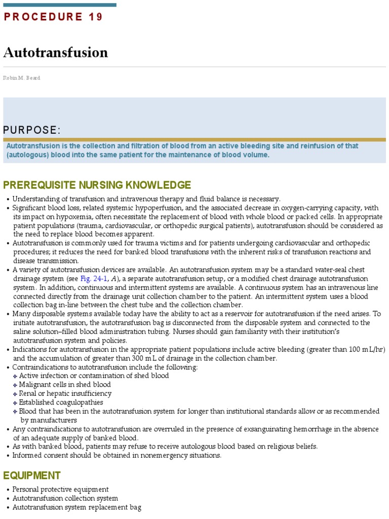 Autotransfusion | PDF | Diseases And Disorders | Body Fluids