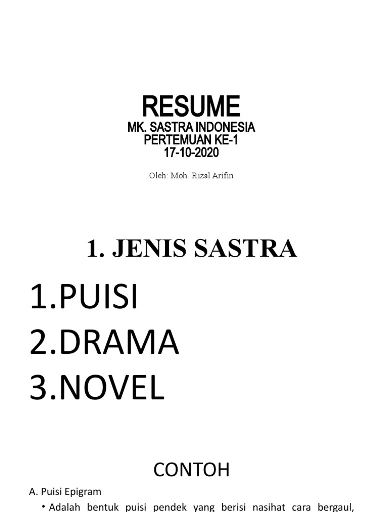 Resume: Mk. Sastra Indonesia Pertemuan Ke-1 17-10-2020 | PDF