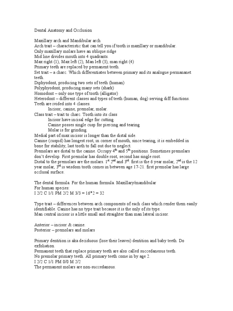Dental Anatomy & Occlusion NOTES | PDF | Human Tooth | Dental Anatomy
