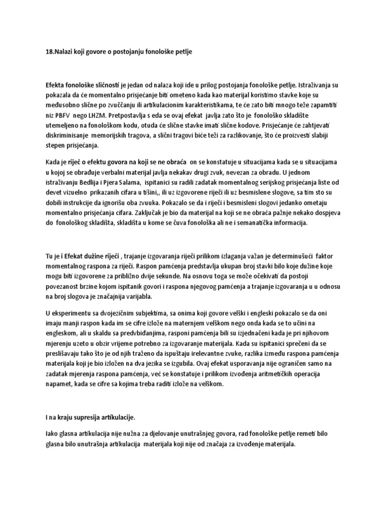 18.vrste Nalaza Koji Govore U Prilog Postojanja Fonološke Petlje | PDF