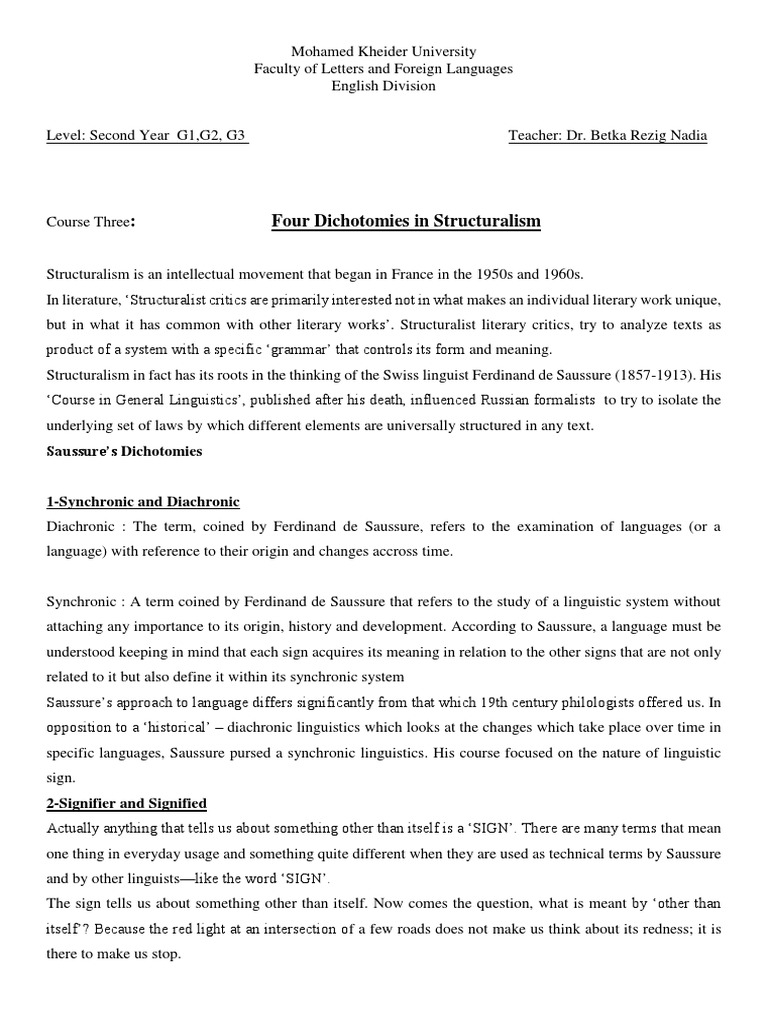 Dichotomies in Structuralism | PDF | Linguistics | Idea Dichotomies in Structuralism | PDF | Linguistics | Idea