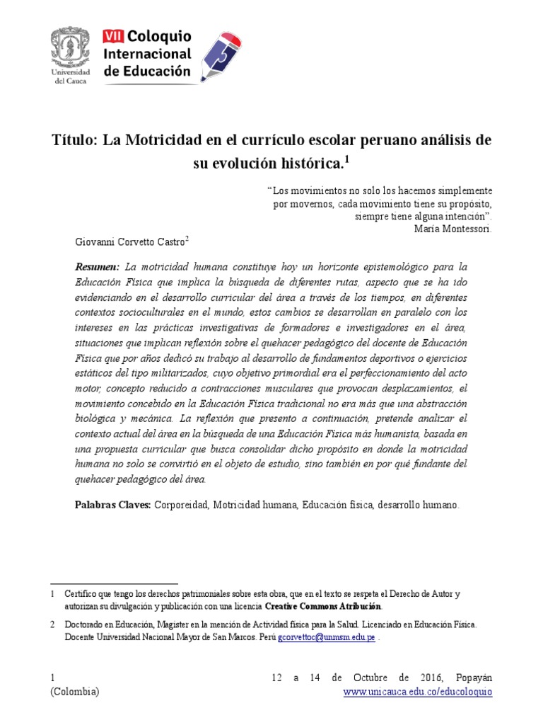 La Motricidad en El Curriculo Nacional Peruano-Giovani Corvetto Castro ...