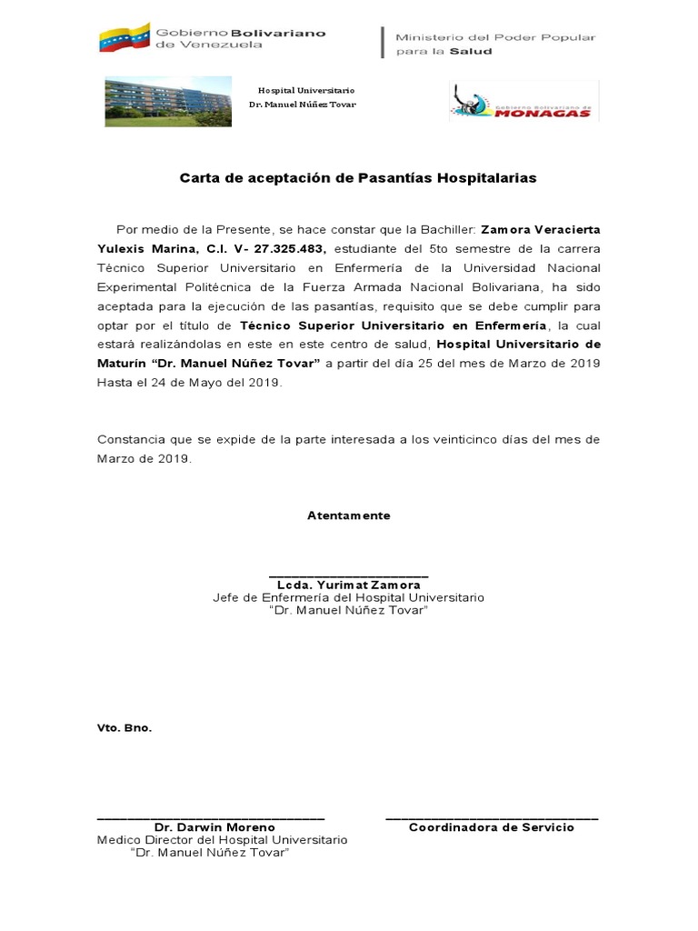 Carta de Aceptación de Pasantías Hospitalarias | PDF | Cuidado de la salud | Ciencias de la Salud