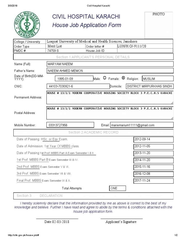 Civil Hospital Karachi House Job Form | PDF | Justice | Crime & Violence