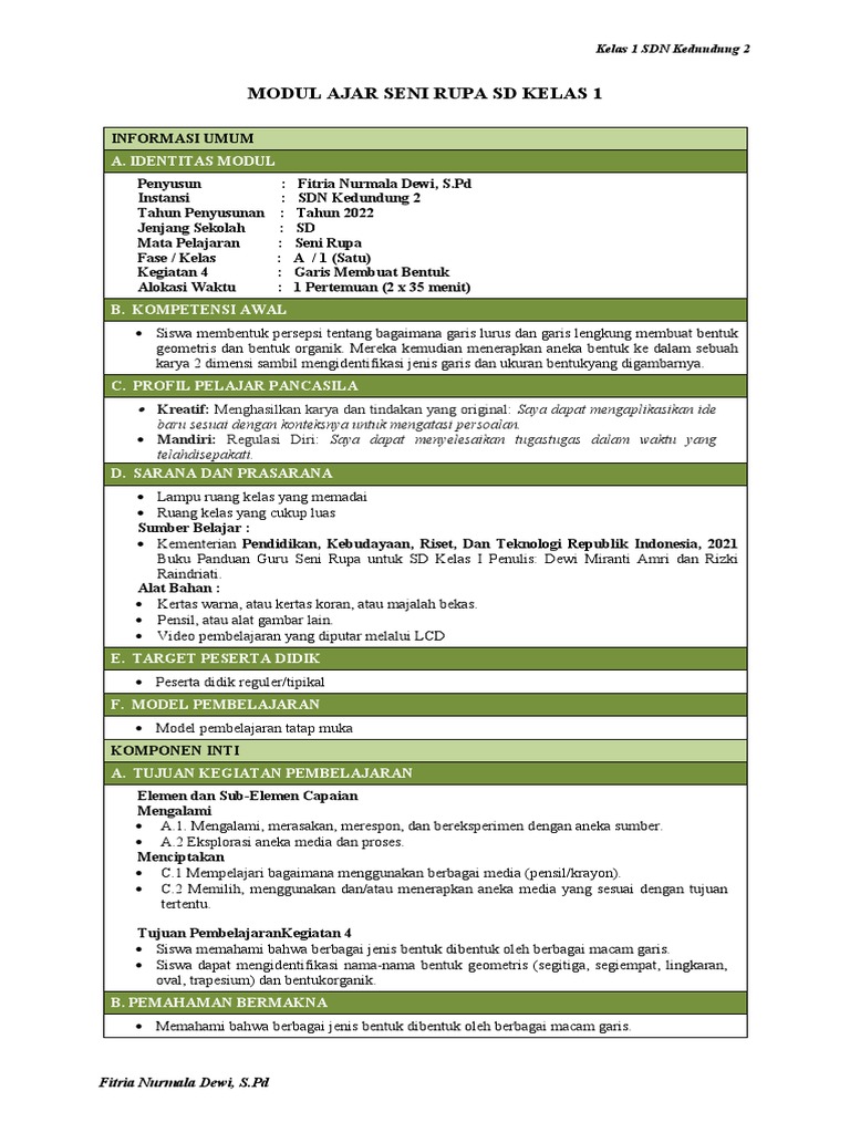Modul Seni Rupa Kelas 1 SD | PDF