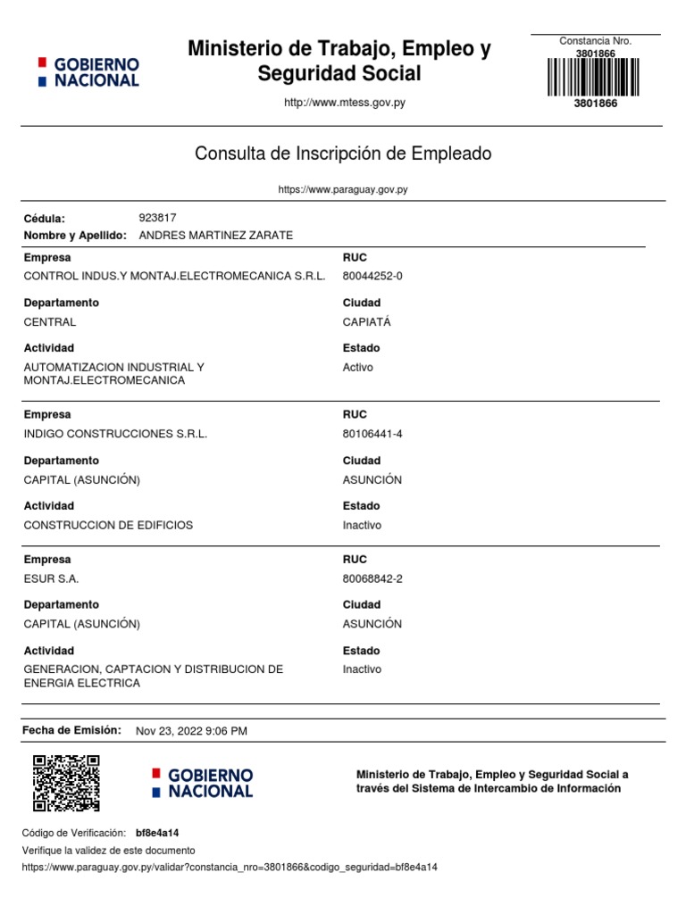 Ministerio de Trabajo, Empleo y Seguridad Social: Consulta de Inscripción de Empleado | PDF ...