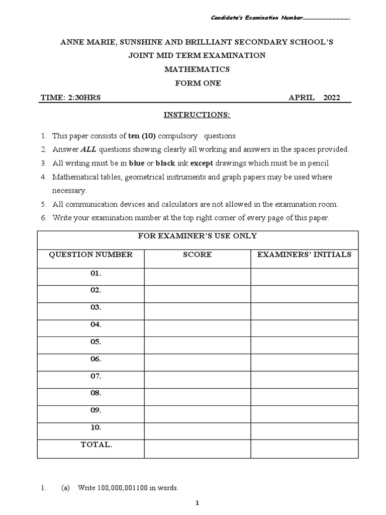 Mathematics Form One | PDF | Arithmetic | Mathematics