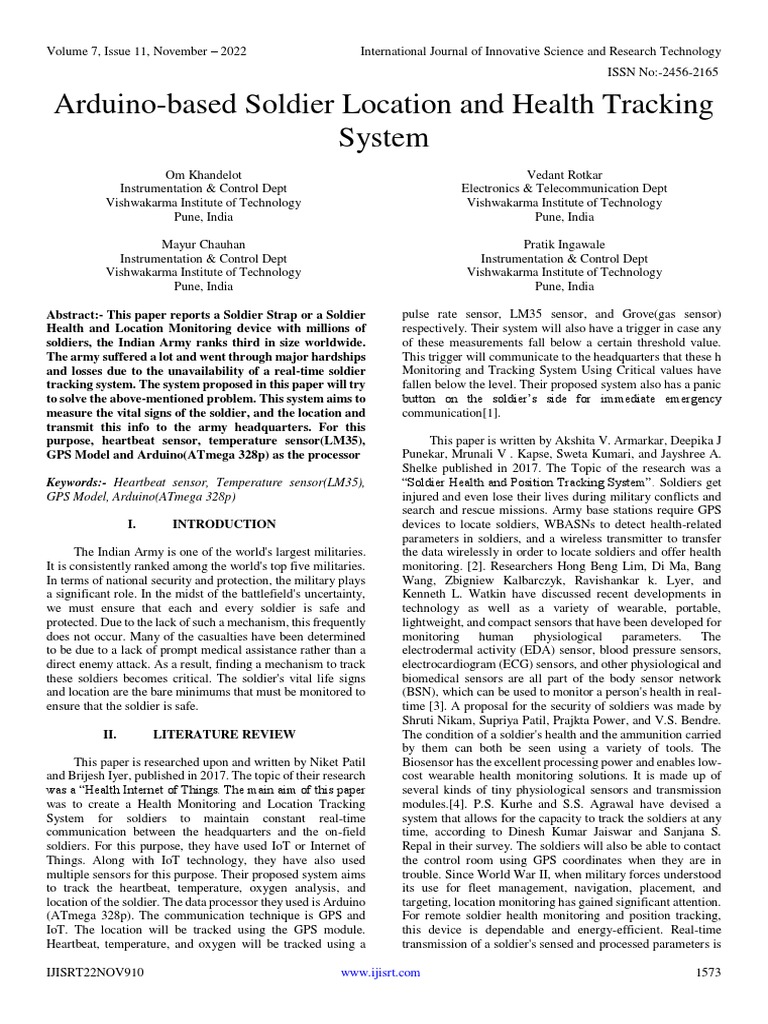 Arduino-Based Soldier Location and Health Tracking System | PDF | Internet Of Things | Sensor