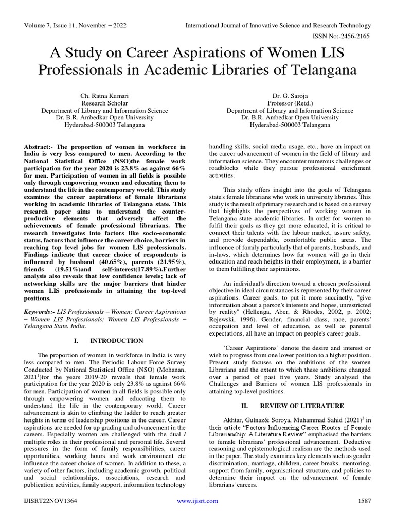 A Study On Career Aspirations of Women LIS Professionals in Academic Libraries of Telangana ...