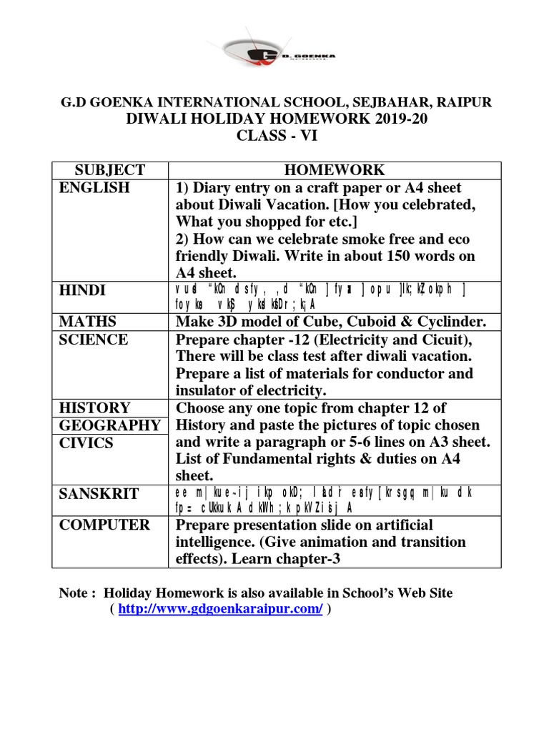 Diwali Holiday Homework 2019 Class VI | PDF