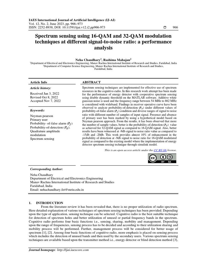 Spectrum Sensing Using 16-QAM and 32-QAM Modulation Techniques at Different Signal-To-Noise ...